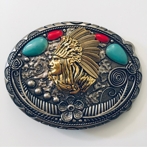 Accessories | Native American Chief Head With Feathers Turquoise Gold ...
